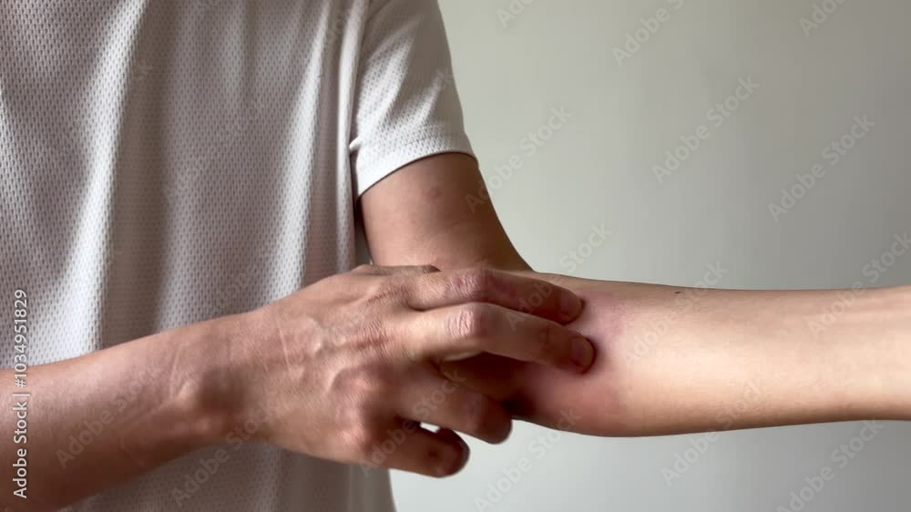 Young asian man itching and scratching on arm from allergic itchy dry ...
