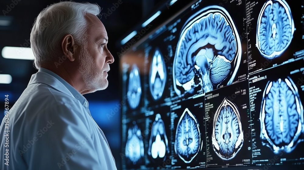 Elderly doctor looking at a high-tech medical screen displaying a ...