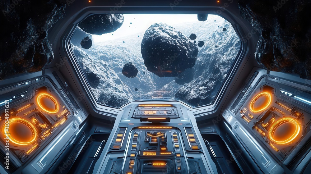 Craft a sleek and realistic spaceship interior, complete with glowing ...