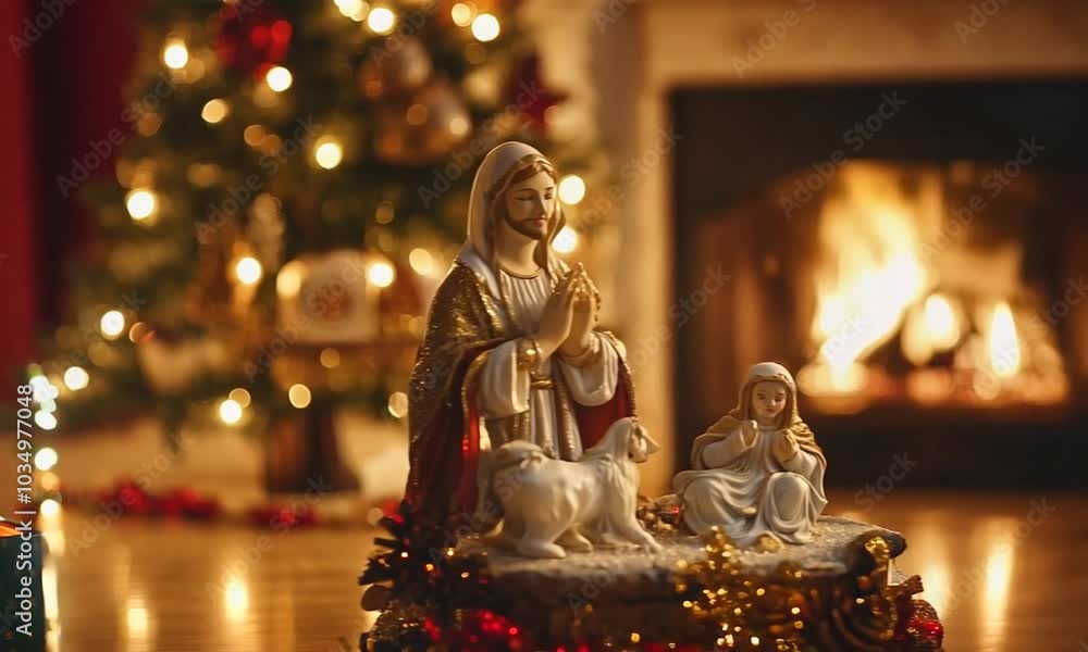 Jesus Christ Nativity scene in atmospheric lights near Christmas tree ...