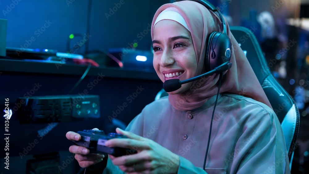 Young Muslim woman wearing hijab and headset smiles while playing video ...
