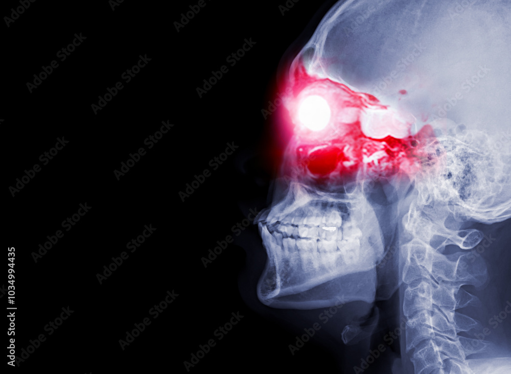 Integrated lateral skull X-ray and MRI orbit image, highlighting the ...