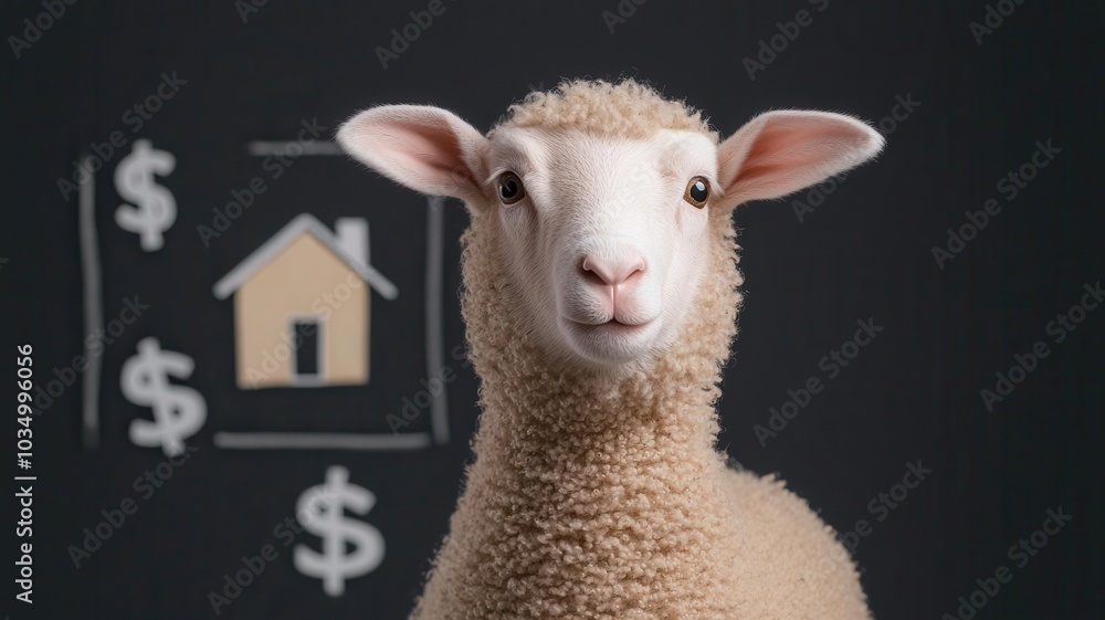 Charming sheep standing in front of a blackboard with home loan ...