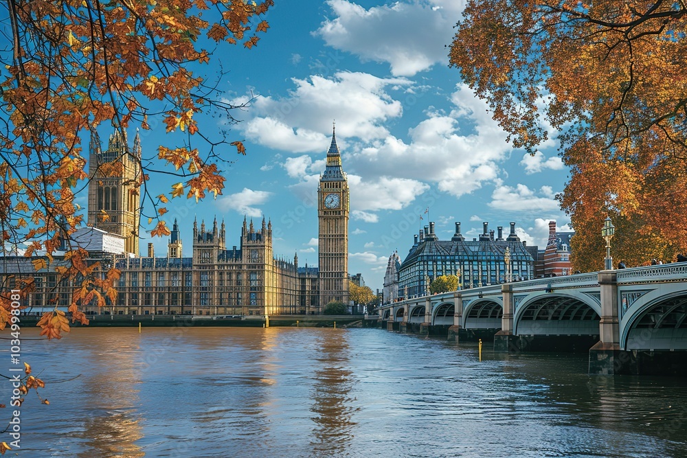 The iconic clock tower of Big Ben stands tall against a blue sky, with ...