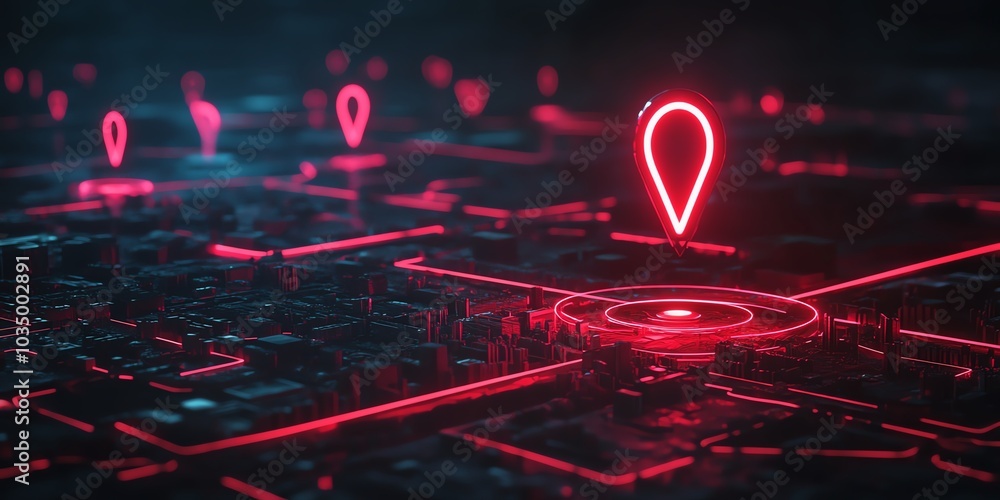 A futuristic city map enclosed in neon, with a red siren light pulsing ...