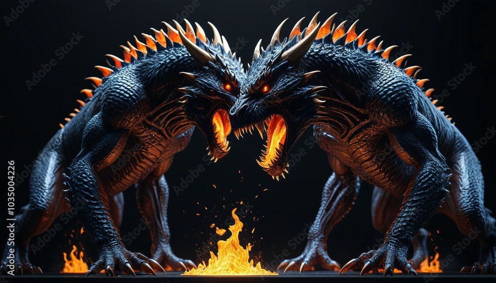 A towering, two-headed beast with scales and sharp claws, one head ...