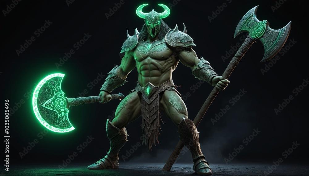 A massive, armored centaur with glowing green runes etched into its ...