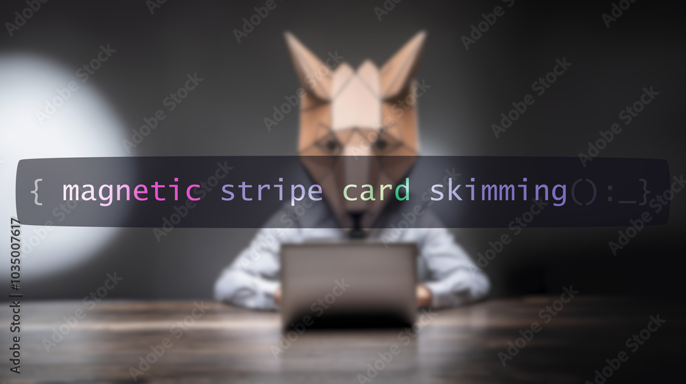 Cybersecurity concept magnetic stripe card skimming on foreground ...