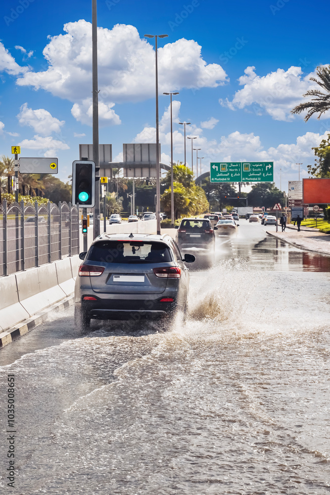 Dubai. Heavy Rain and Flooded Street in UAE. Top view. vertical Stock ...