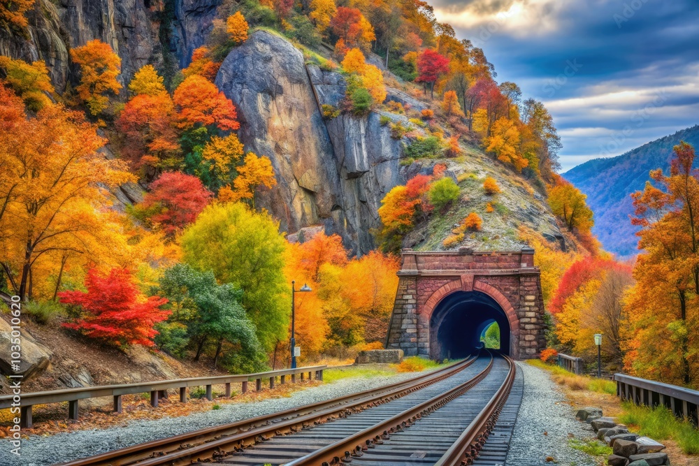 Surrounded by brilliant autumn colors, the Harpers Ferry Railroad ...