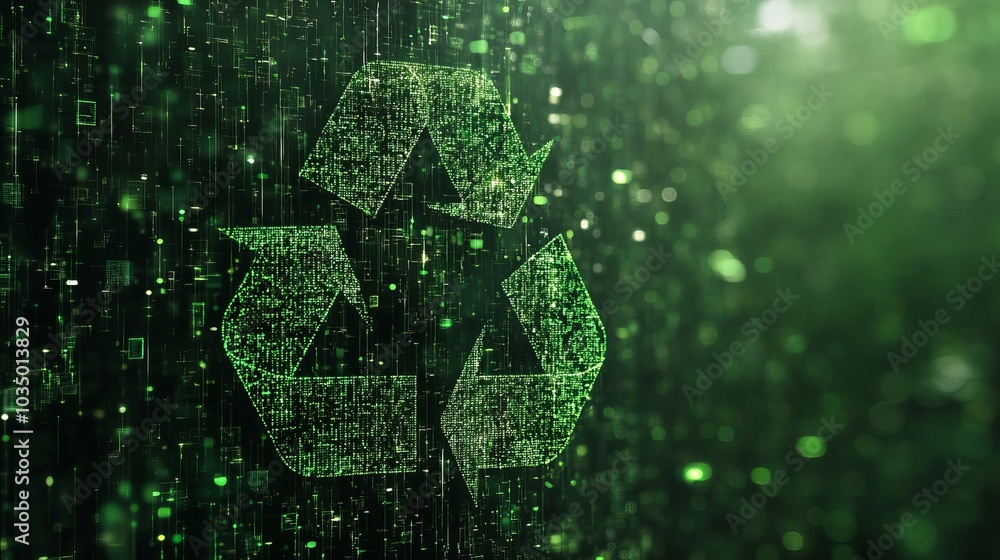 A digital rendition of the recycling symbol is set against a backdrop ...