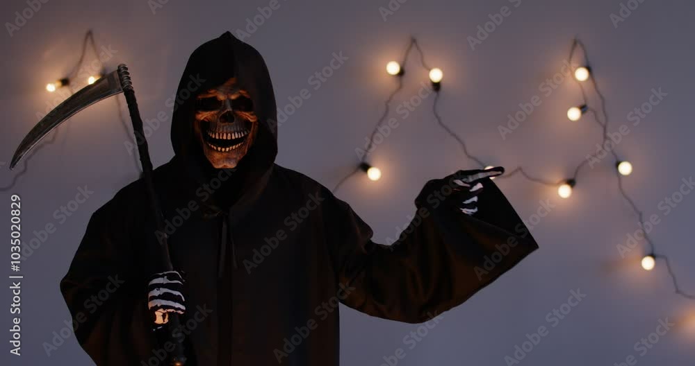 Halloween Grim Reaper with scythe finger pointing, cosplay black ...