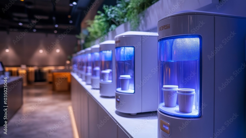 Zero-waste vending machine dispensing eco-cups, futuristic design with ...