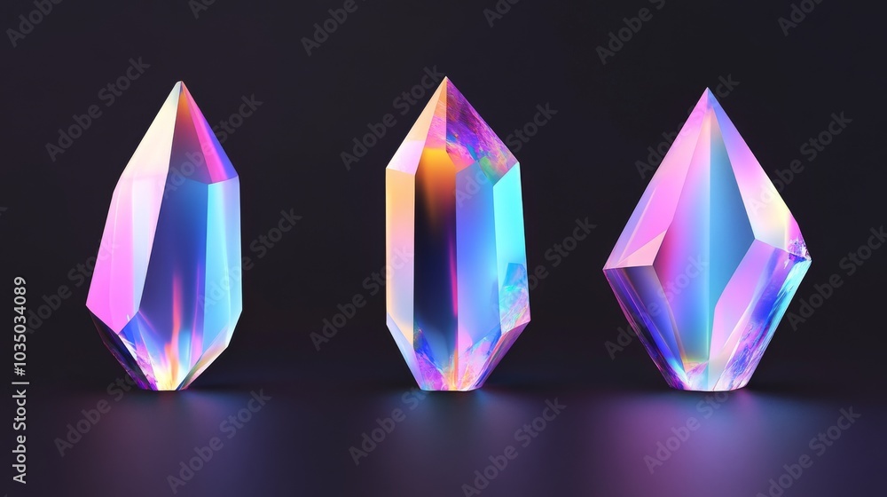 triangular crystal prisms, 3d transparent shapes, rainbow light dispersion, dynamic angles ...