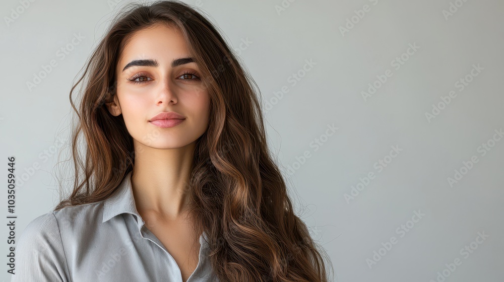 Confident Middle Eastern woman in her 20s with long hair in a professional attire, exuding poise ...