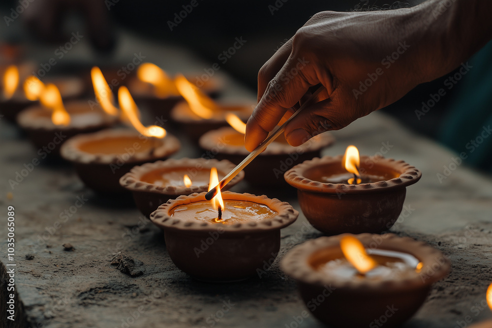 image of a hand lighting a traditional clay diya with a matchstick ...