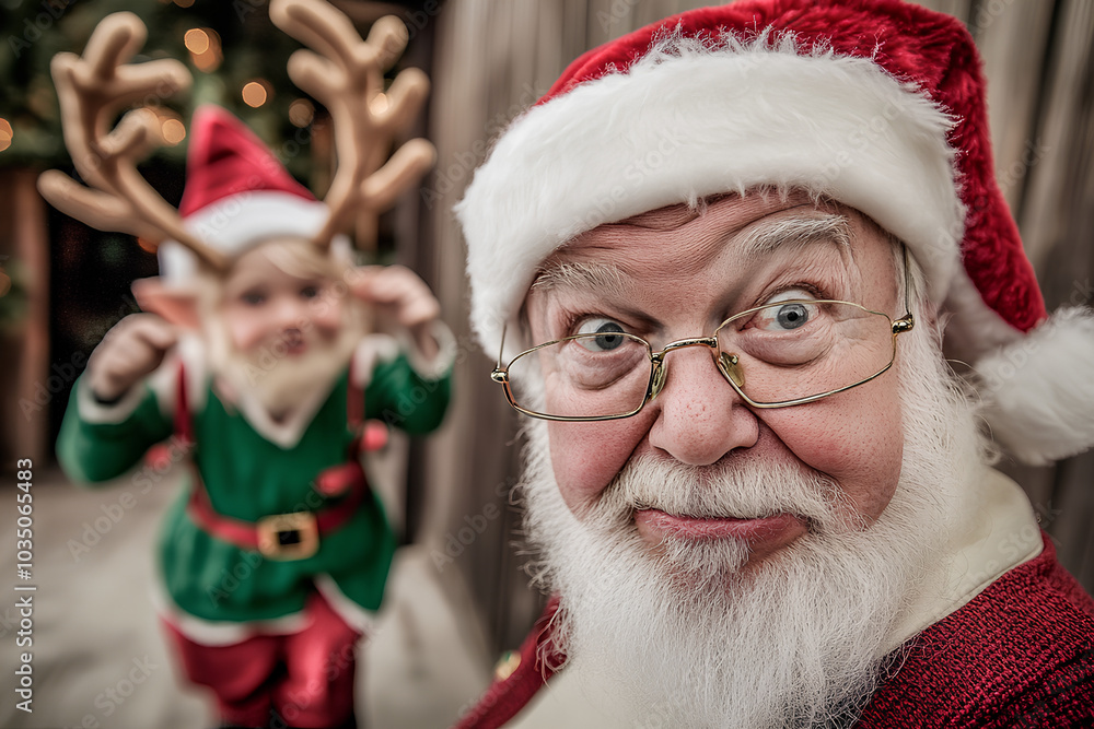 Santa giving the camera a sideeye while an elf plays pranks behind him ...