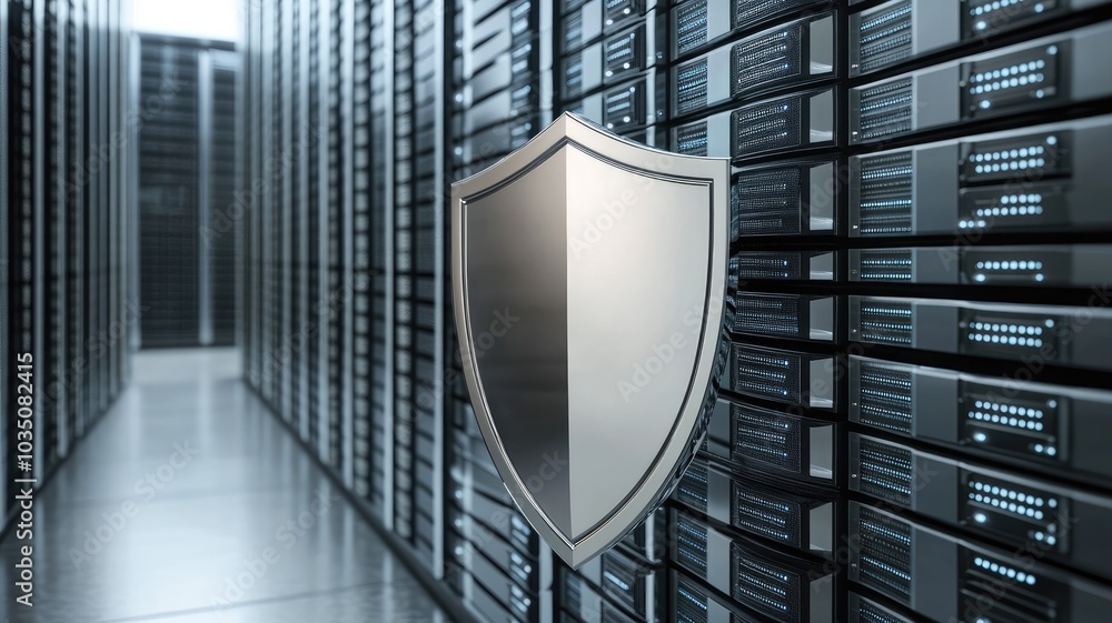 Metallic shield symbol protects data servers in modern server room ...