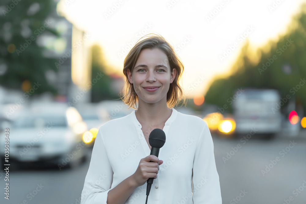 Young female journalist in white shirt, holding microphone, standing on ...