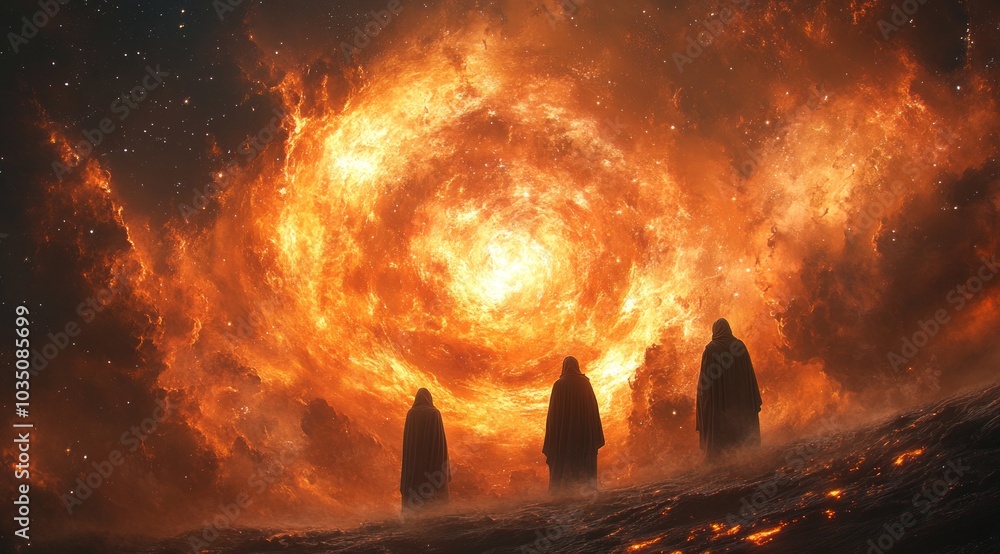 Fiery Apocalypse: A Mysterious Scene with Three Figures and a Blazing ...
