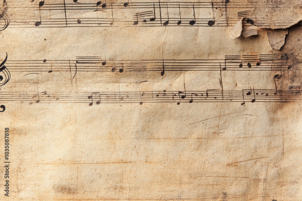 Intricate classical music notes are laid out on aged parchment ...