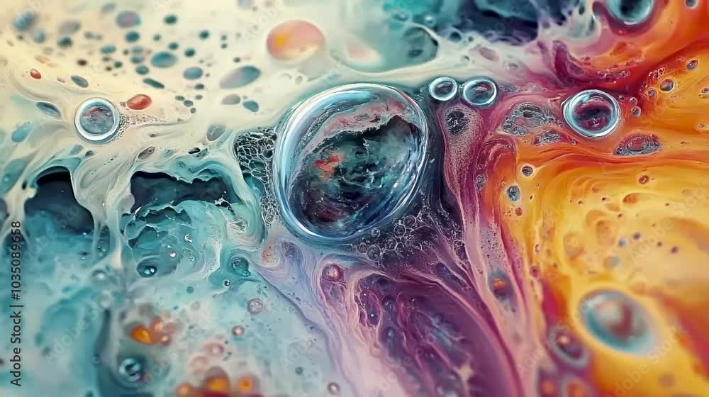 Abstract colorful flowing liquid fluid paint with large bubble, swirls ...