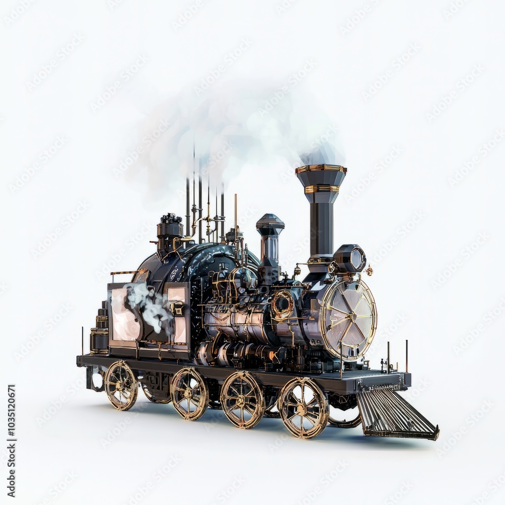 3D Render, Low Poly style of a spectral steam engine with ghostly smoke ...