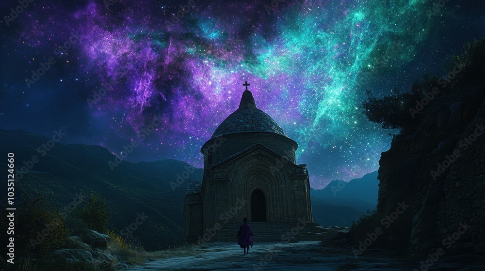 Mystical Church Under Starry Night Sky with Purple and Green Nebulae ...