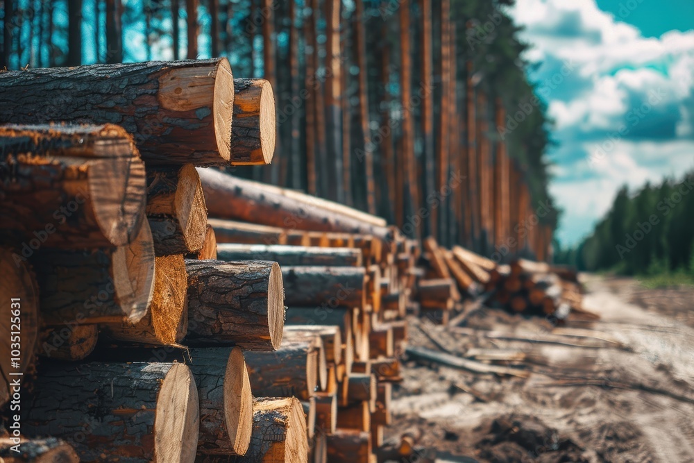Wooden materials stacked in a forest for logging and lumber production ...