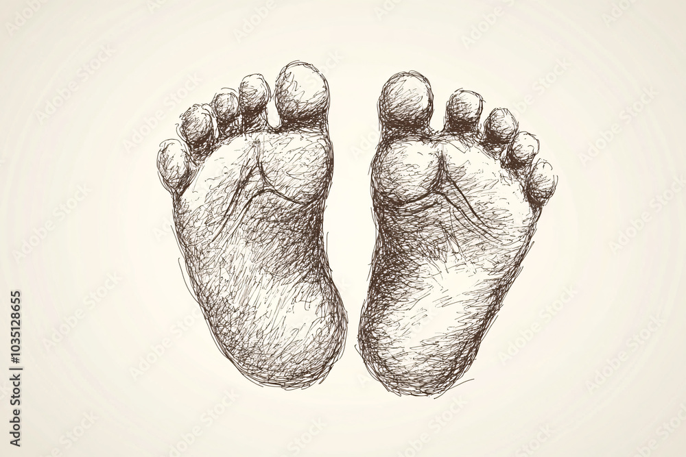 Detailed sketch of two bare feet with visible texture and shading ...