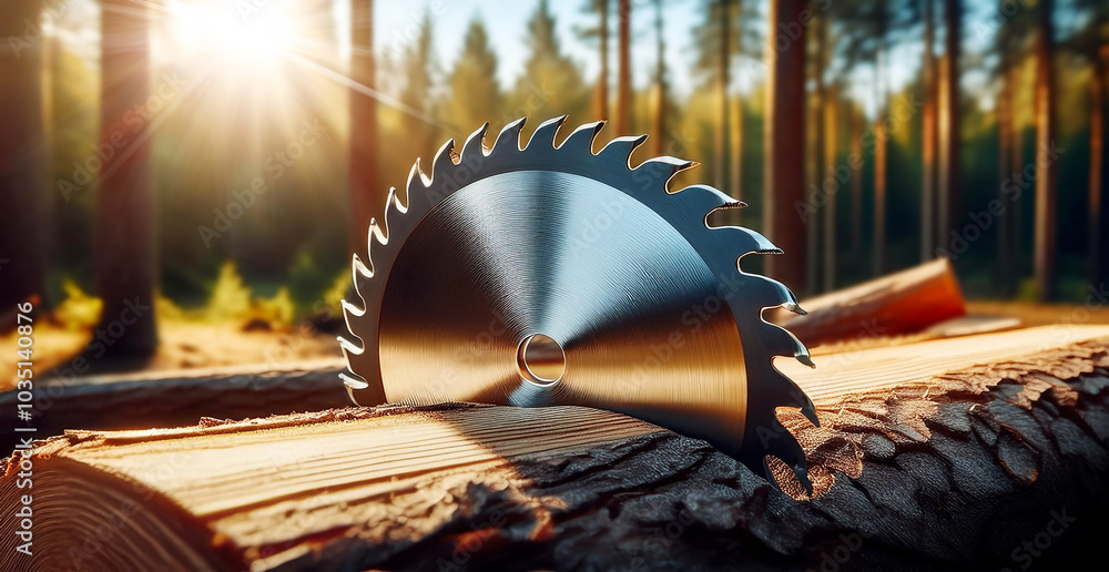 Extreme close-up of a metal circular saw blade on a tree trunk or tree ...