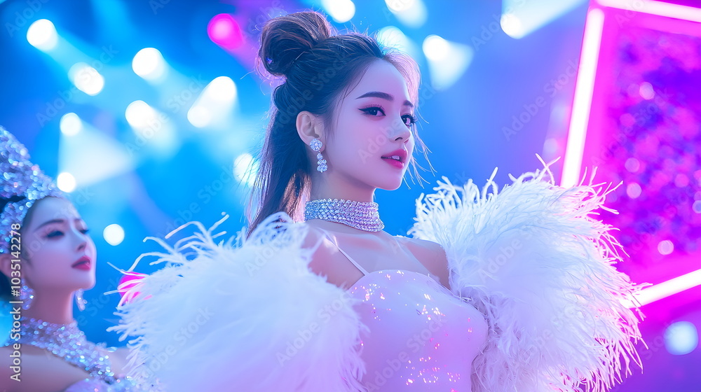 Neon Lights & Feather Dreams: A captivating portrait of a female singer ...