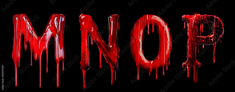 Blood font lettering. Letter M, N, O, P dripping red liquid text effect ...