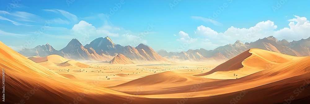 Expansive desert landscape with golden sand dunes under a clear blue ...