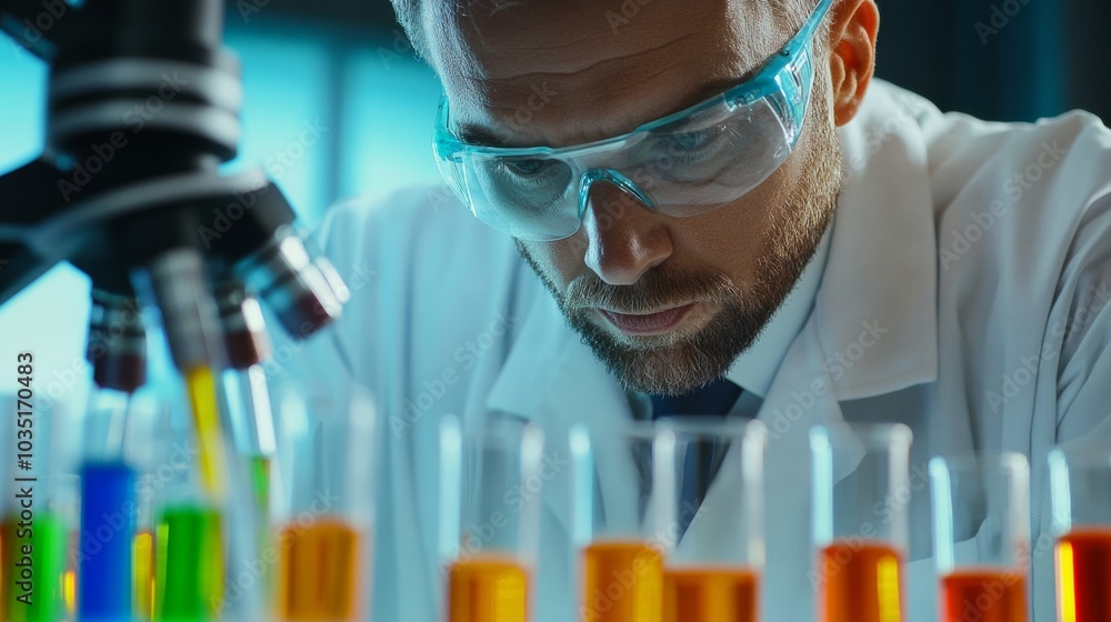 A close-up of a laboratory chemist in a white lab coat and safety ...
