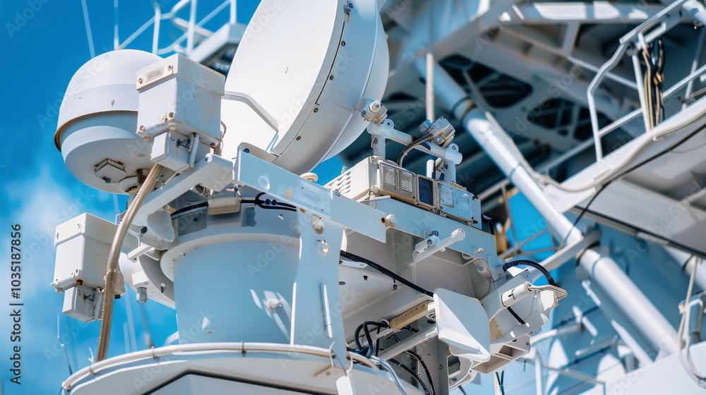 A close-up of a ship's radar and communication antennas, with intricate ...