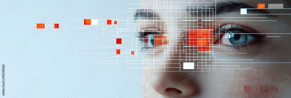AI powered face recognition interface featuring a human face with overlaying grid patterns ...