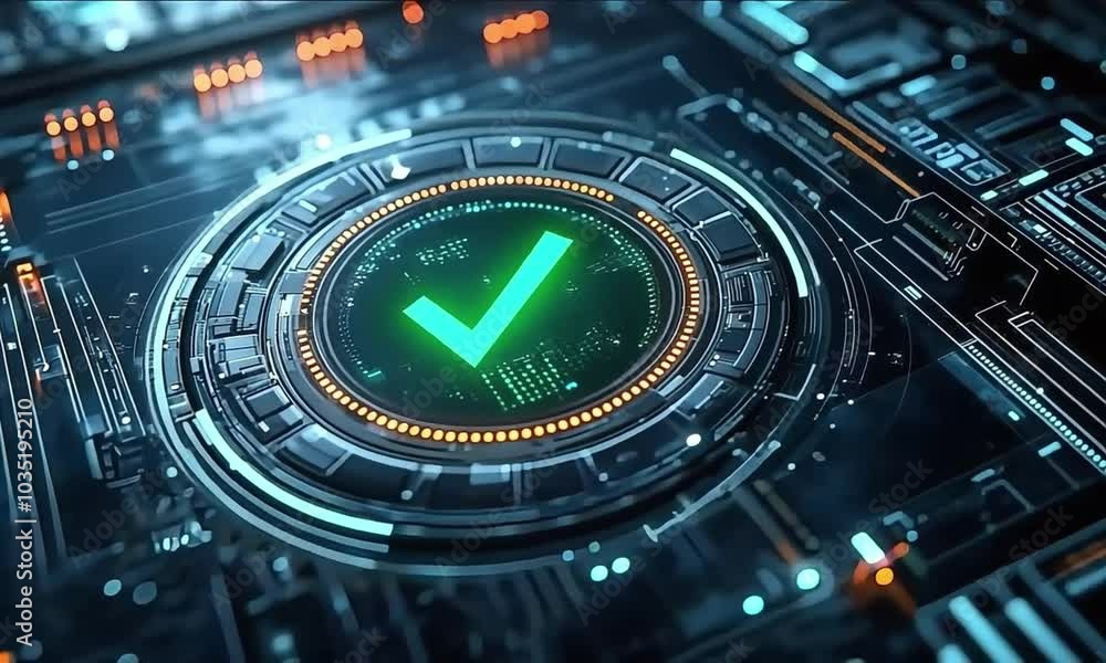 Green check mark glowing in center of digital interface futuristic ...