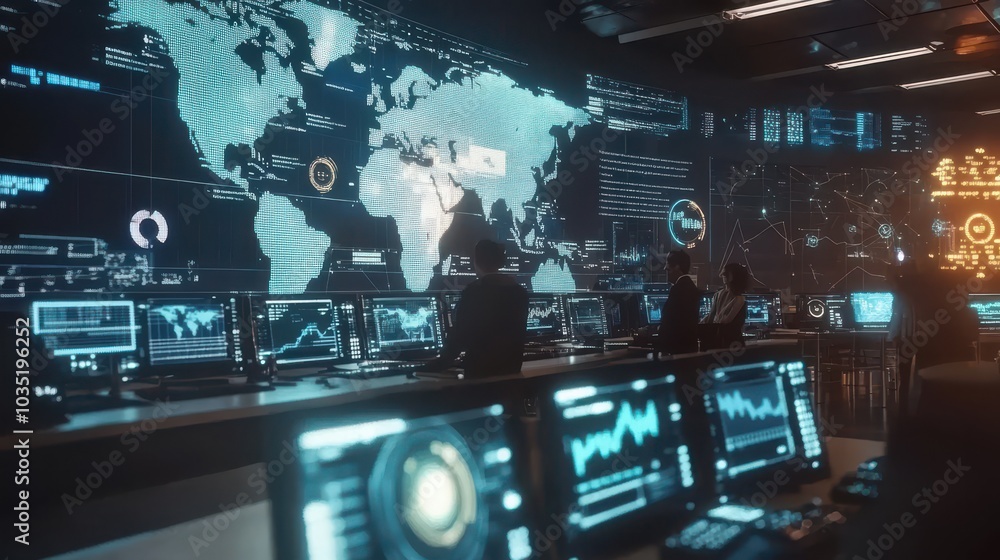 Logistics operation center with large screens showing global shipment ...