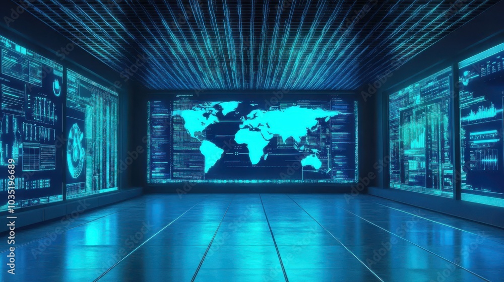 Logistics operation center with large screens showing global shipment ...