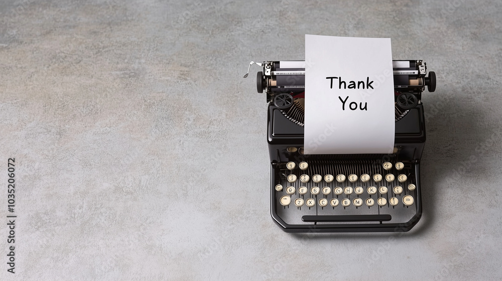Typewritten "Thank You" note on paper emerging from a typewriter on a ...