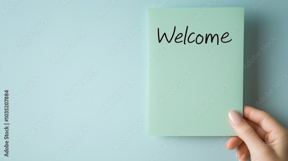Handwritten "Welcome" note on pastel green paper against a simple ...