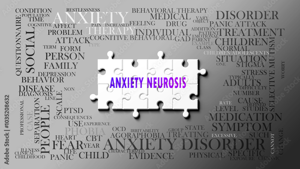Anxiety Neurosis as a complex subject, related to important topics. Pictured as a puzzle and a ...
