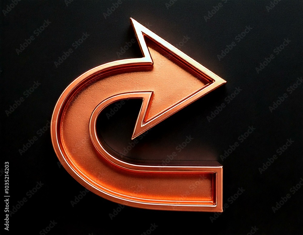 3d metal metallic copper curved arrow sign symbol isolated on a black ...