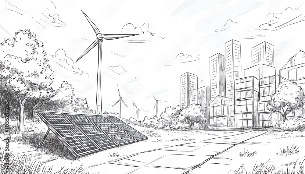 Handdrawn sketch of solar panels and wind turbines, representing ...
