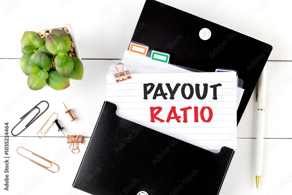 Payout ratio card in a black file with paper clips, pushpins, pen, and ...