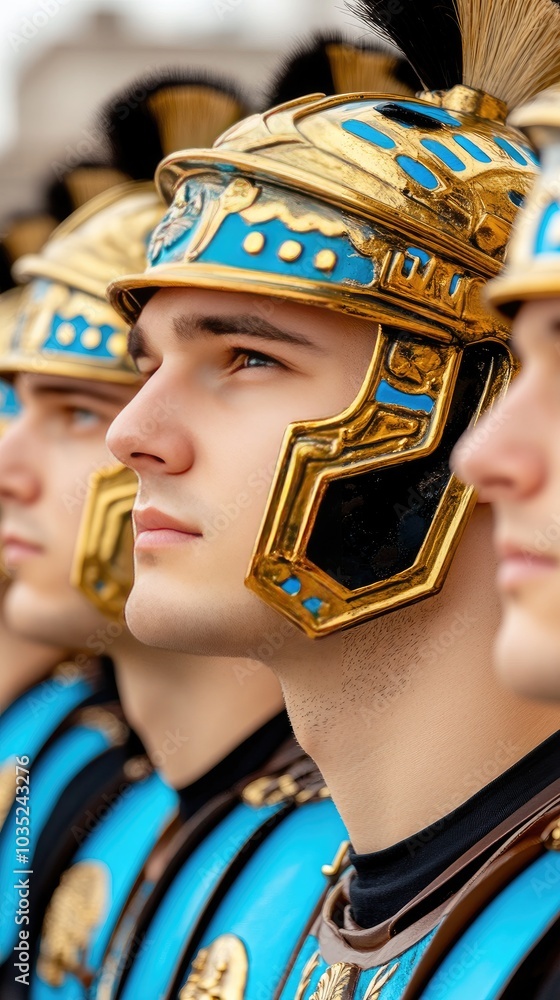 Ancient Roman soldiers in ornate armor poised at a gladiatorial event ...