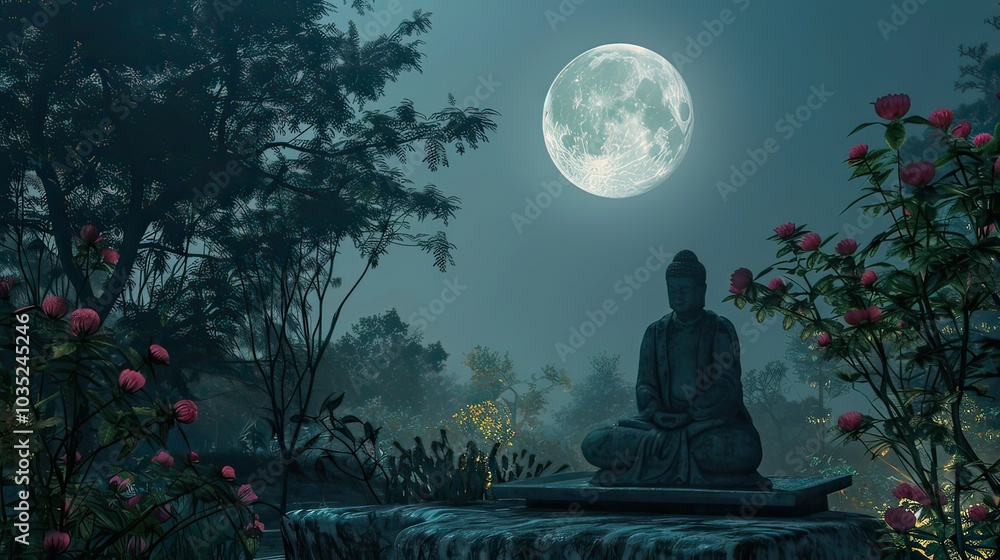 A serene garden scene illuminated by moonlight, with Rahu depicted as a ...