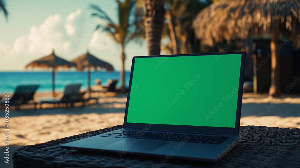 panorama scene of a laptop monitor with a green screen chroma key on a ...