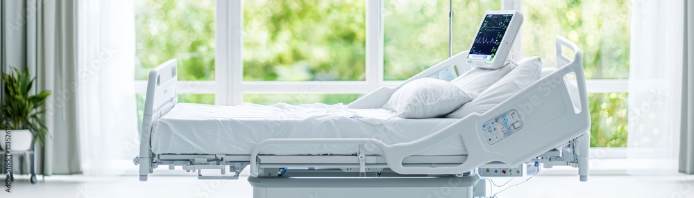 Modern hospital bed in a bright and airy room with large windows and ...